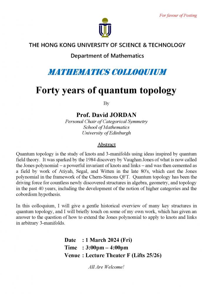 Department of Mathematics - Mathematics Colloquium - Forty years of quantum topology ...